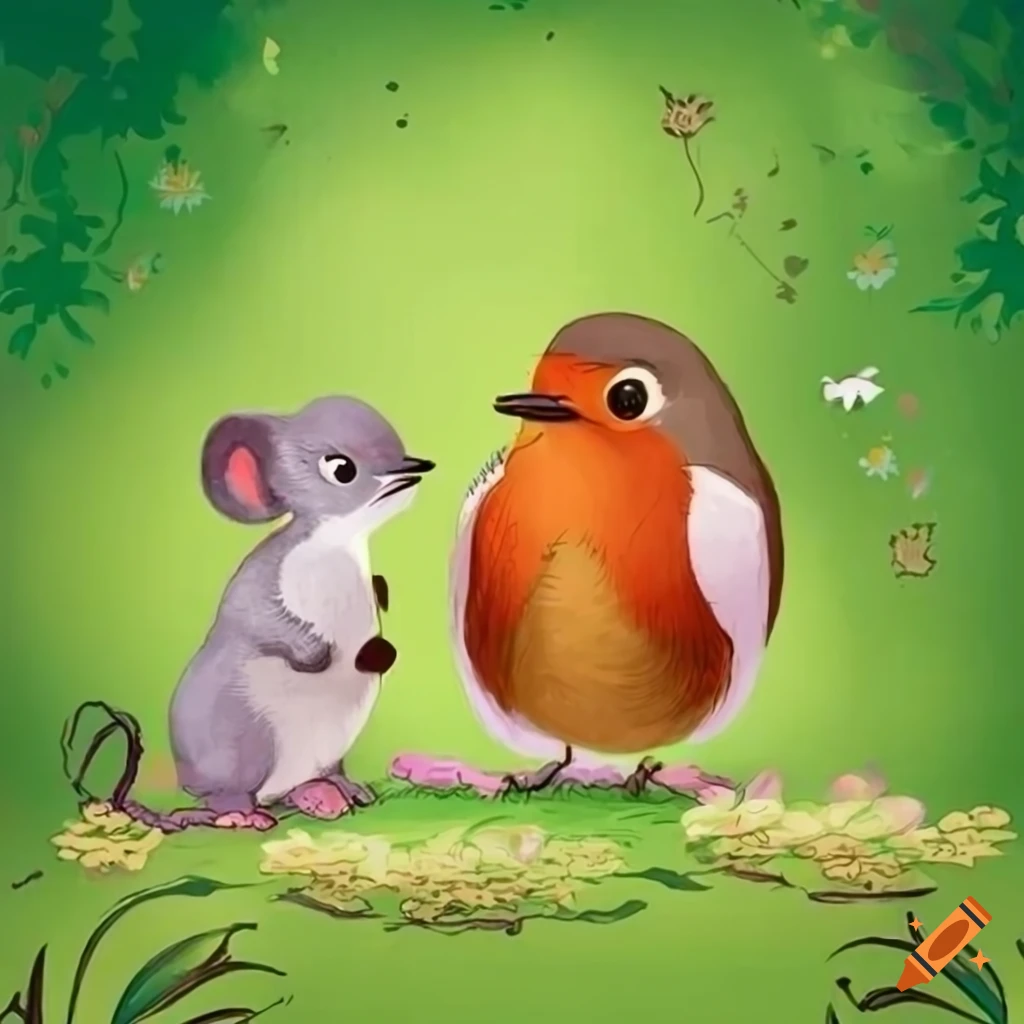 Illustration of a robin, mouse, and rabbit trio enjoying nature ...