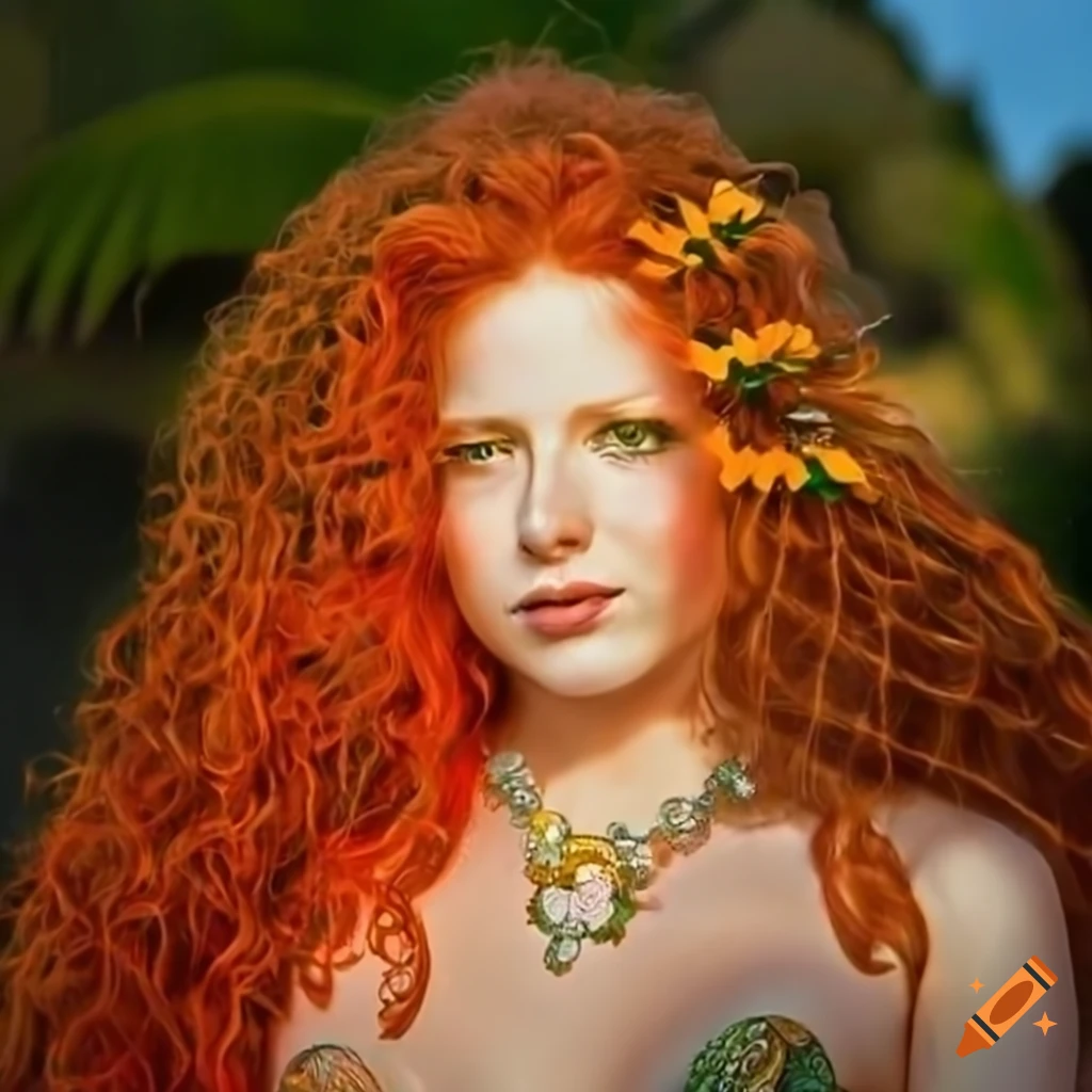 Close-up of a red-haired mermaid goddess at a tropical haven during ...