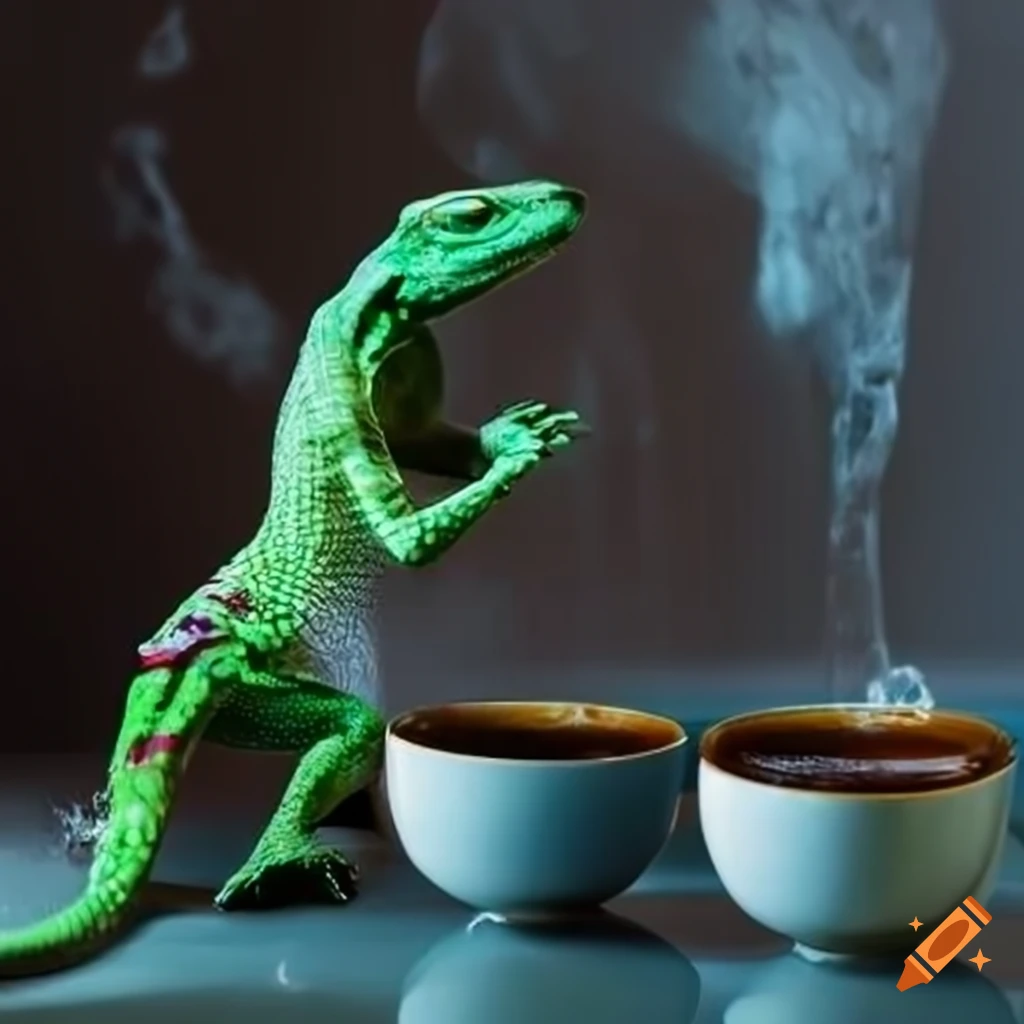 Lizard man bathing in a cup of coffee in pop art style on Craiyon