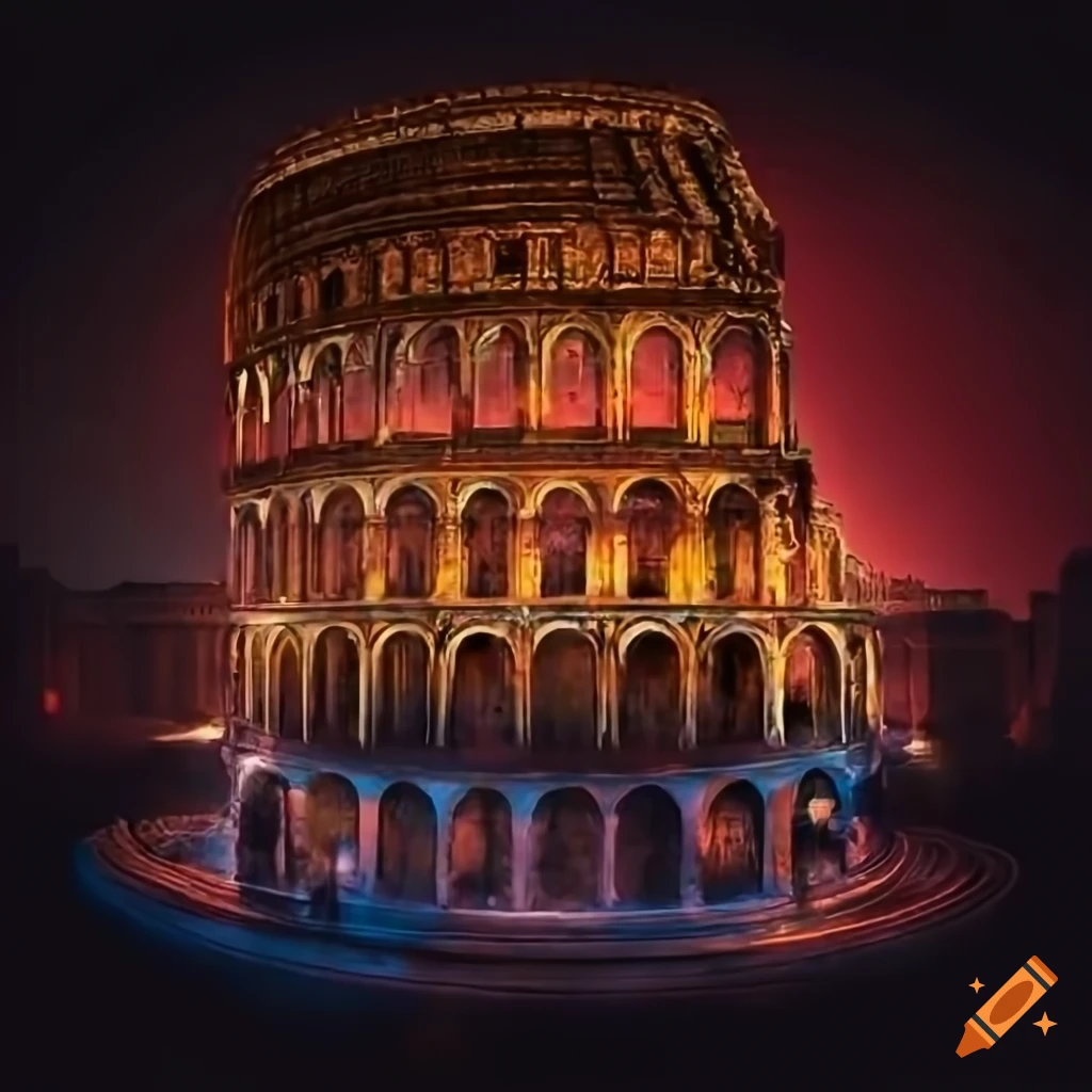 Glowing cityscape of ancient roman structures with symbolic design ...