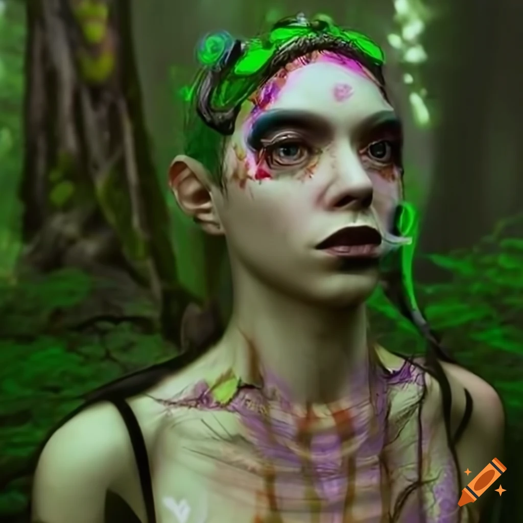 Lush biopunk cyborg forest front facing extreme closeup on Craiyon