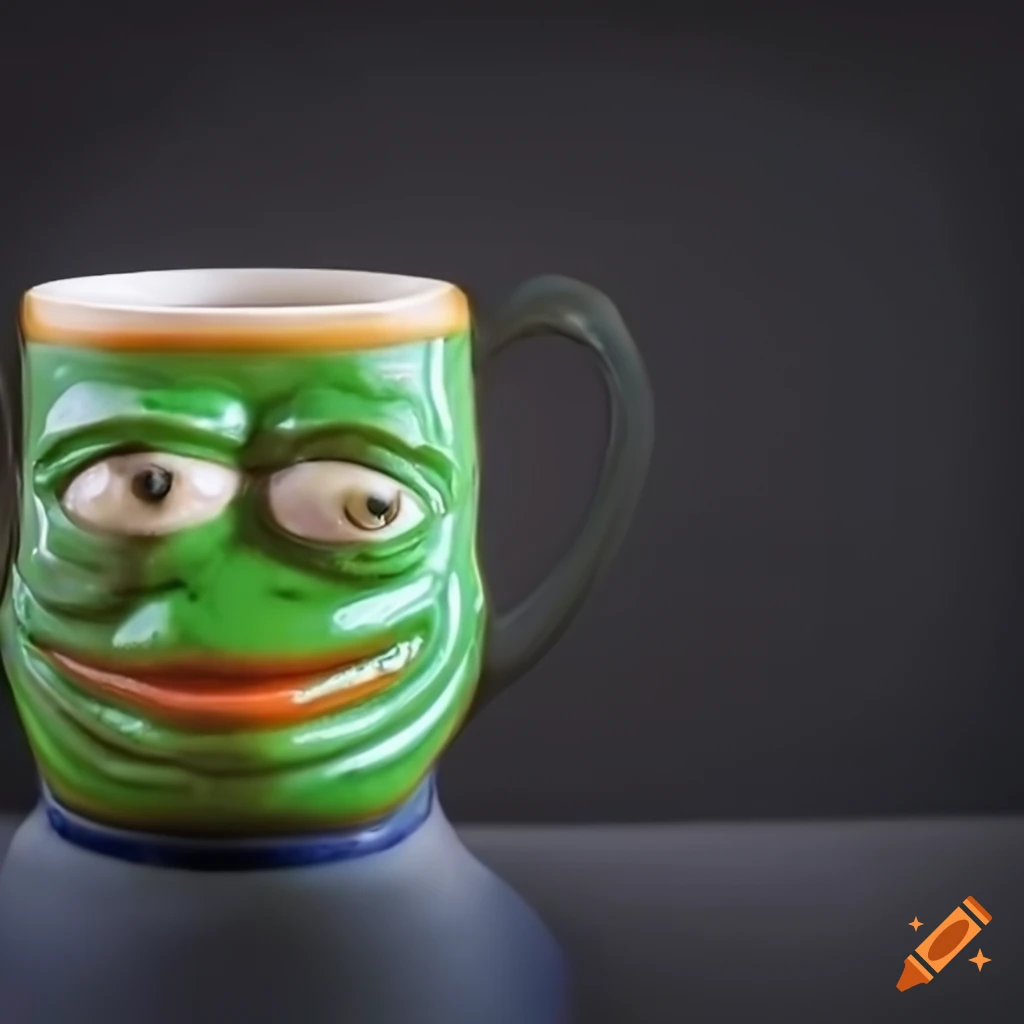 Pepe face ceramic coffee mug in macro photograph on Craiyon