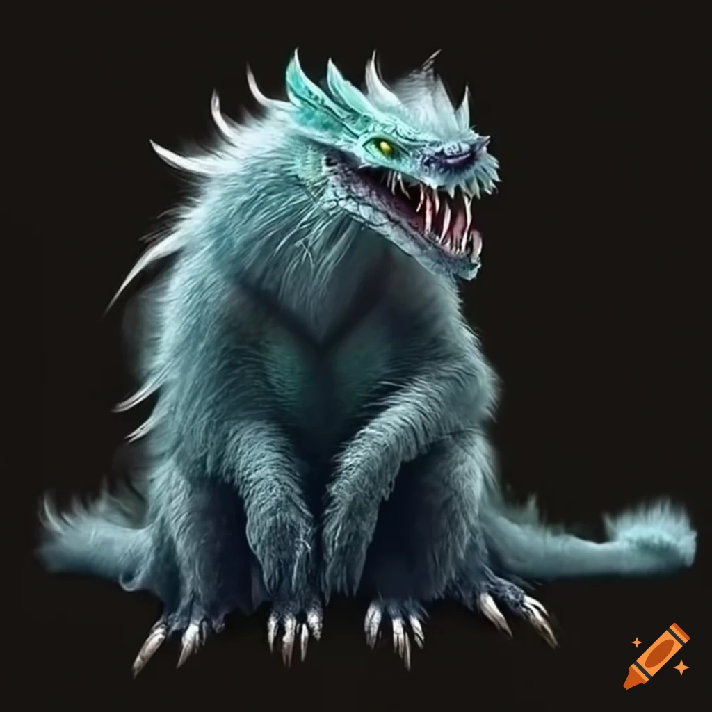 Mystical creature with fluffy fur, claws, and long teeth in haunting ...