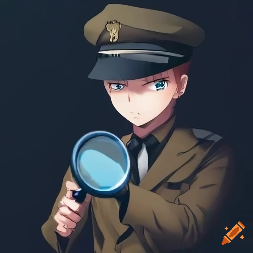 Anime officer boy with magnifying glass in a detective outfit in a dark ...