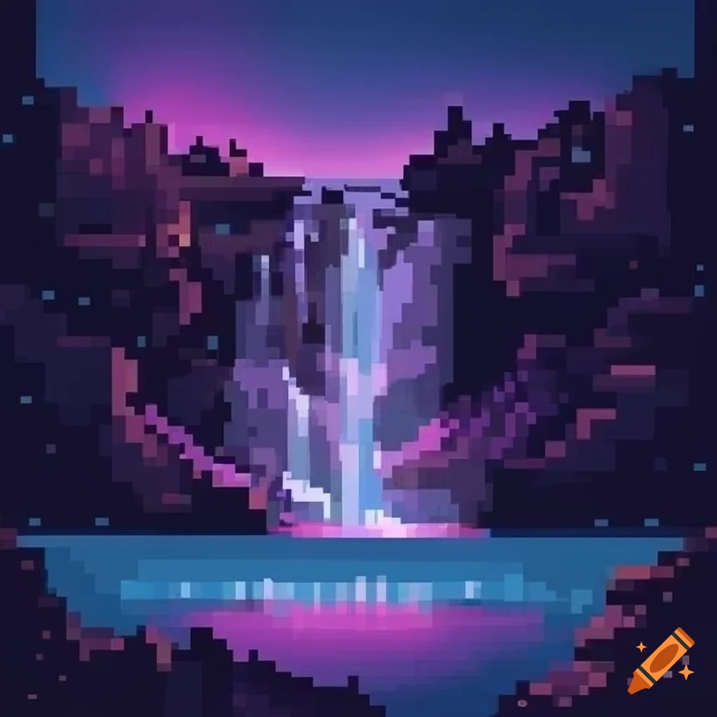 Pixel art of twinkling waterfalls at twilight on Craiyon