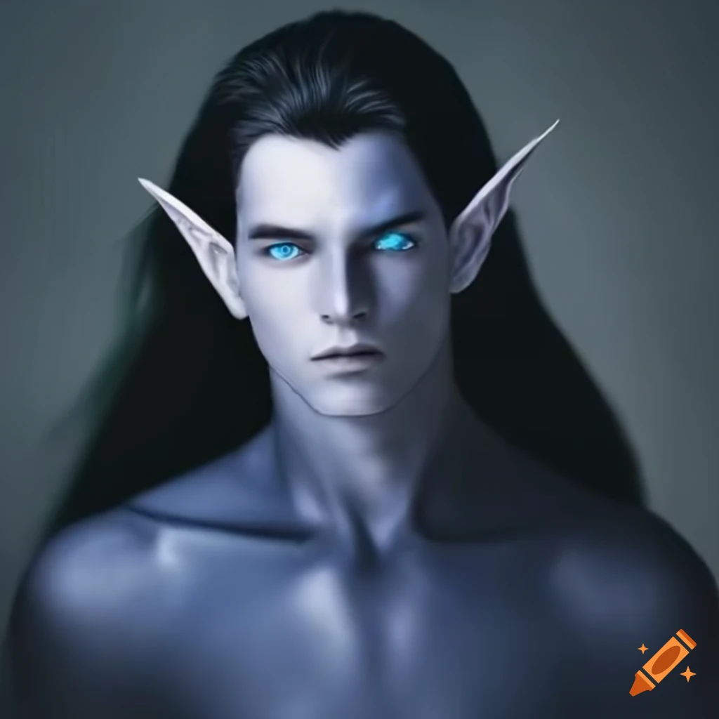 Beautiful male elf with off black hair, sapphire blue eyes, and light ...
