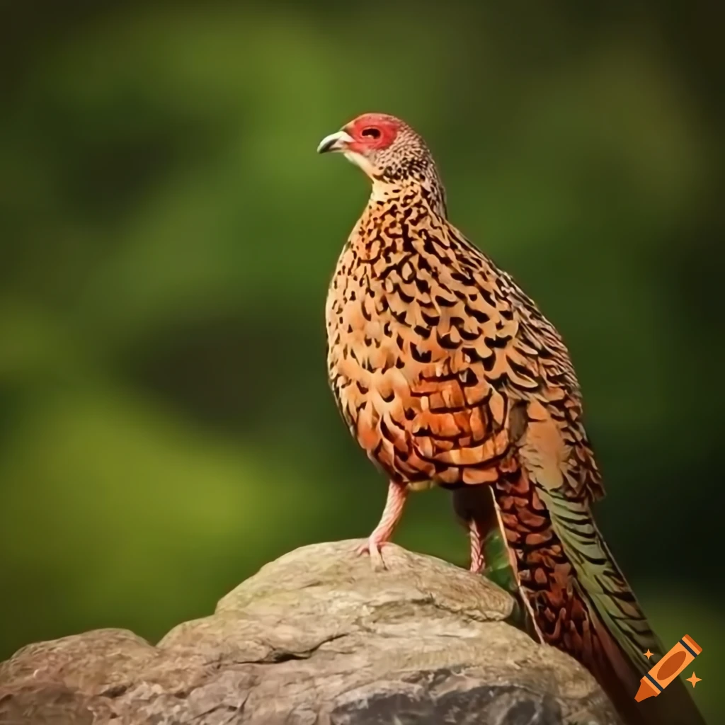 Female kalij pheasant perched on rock in sunlight on Craiyon