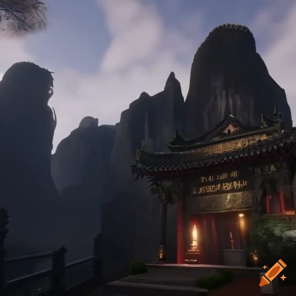 Chinese temple with rock statue of buddha, trees, and evening cloudy ...