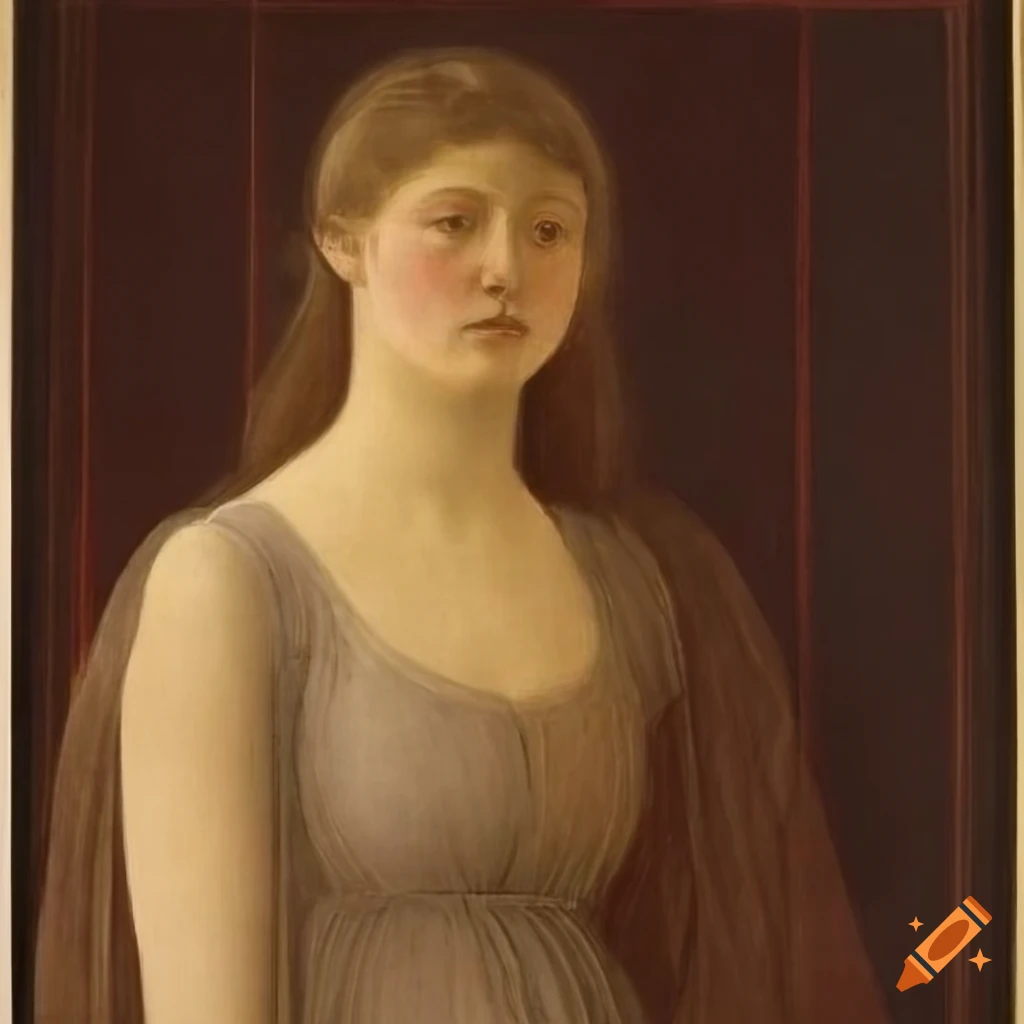 Full Body View Of Pouty Pre Raphaelite Young Ladies With Long Hair In The Style Of Cuno Amiet