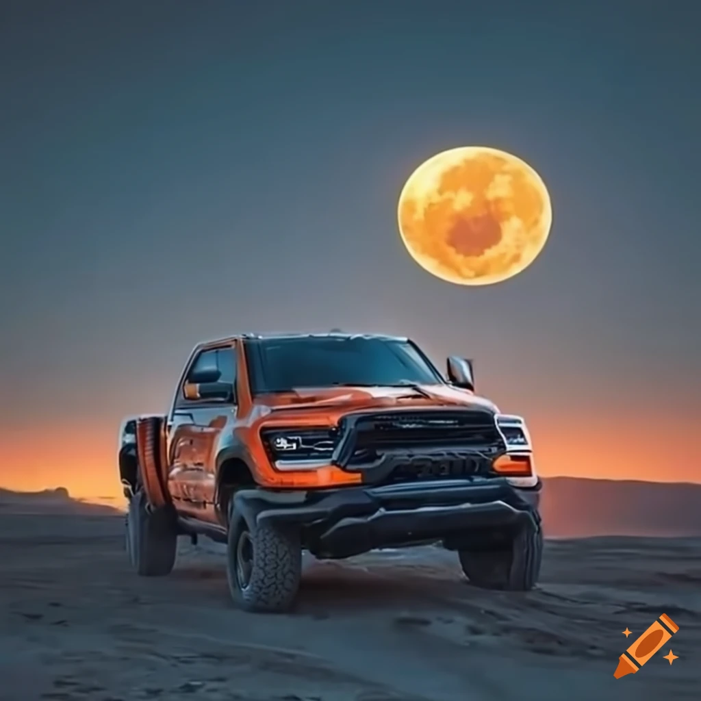 Orange ram trx truck under a harvest moon on Craiyon