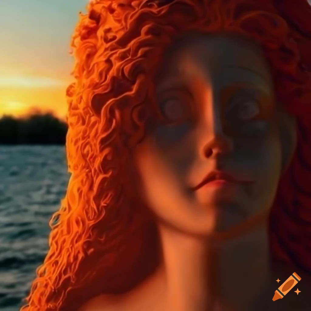 Close-up of a red-haired mermaid statue facing the camera with ...