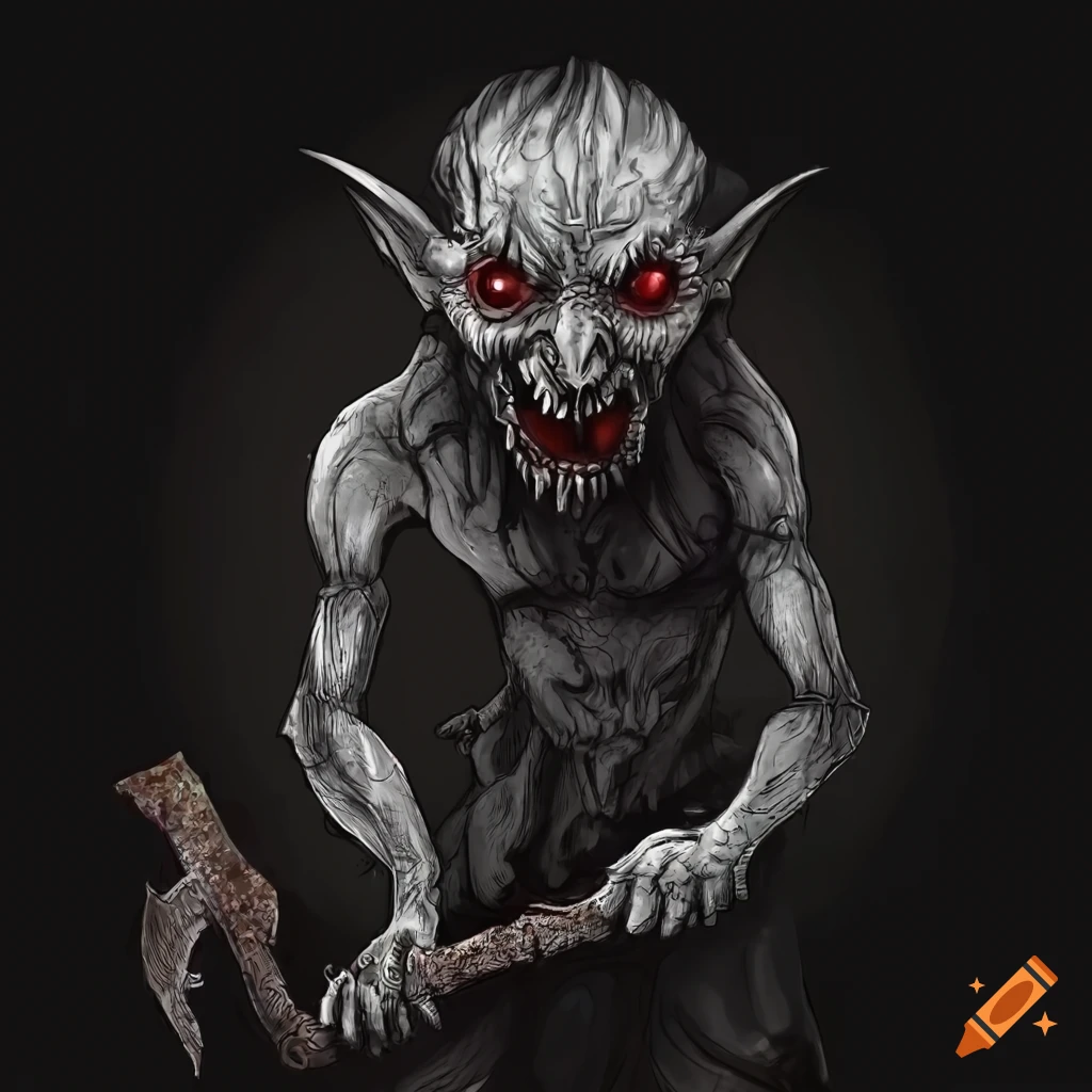 Eerie horror demon creature with glowing red eyes and broken rusty ...