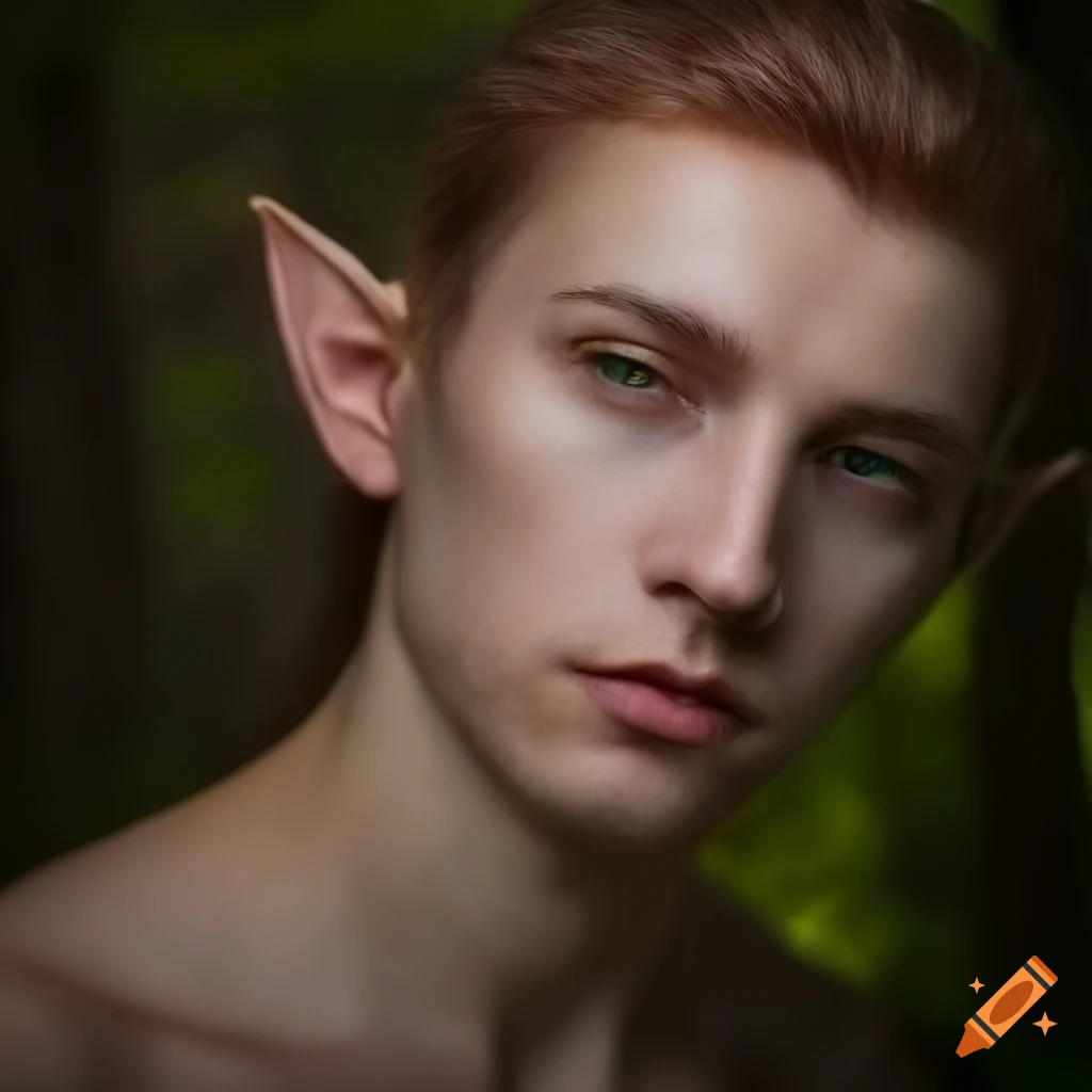 Close up of a handsome half-elf man in the forest on Craiyon