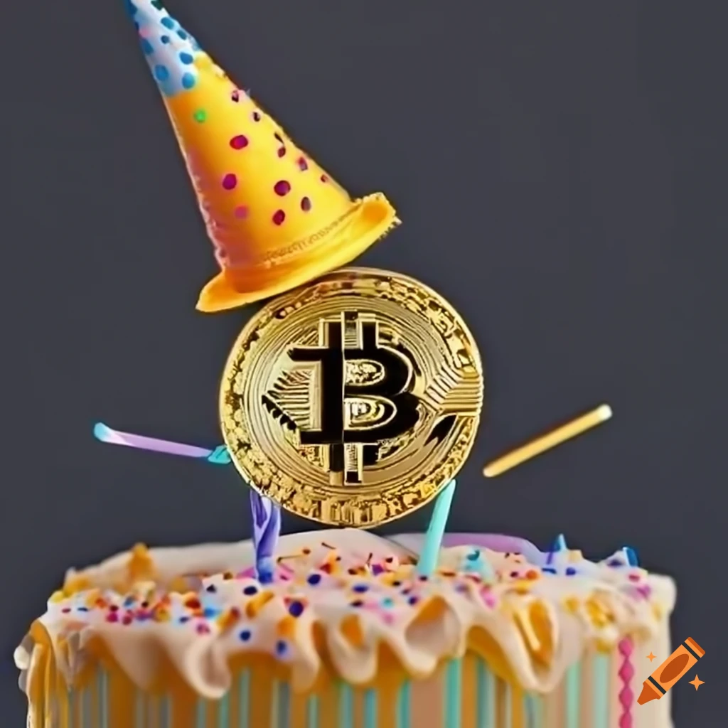Bitcoin with a birthday hat next to a birthday cake on Craiyon