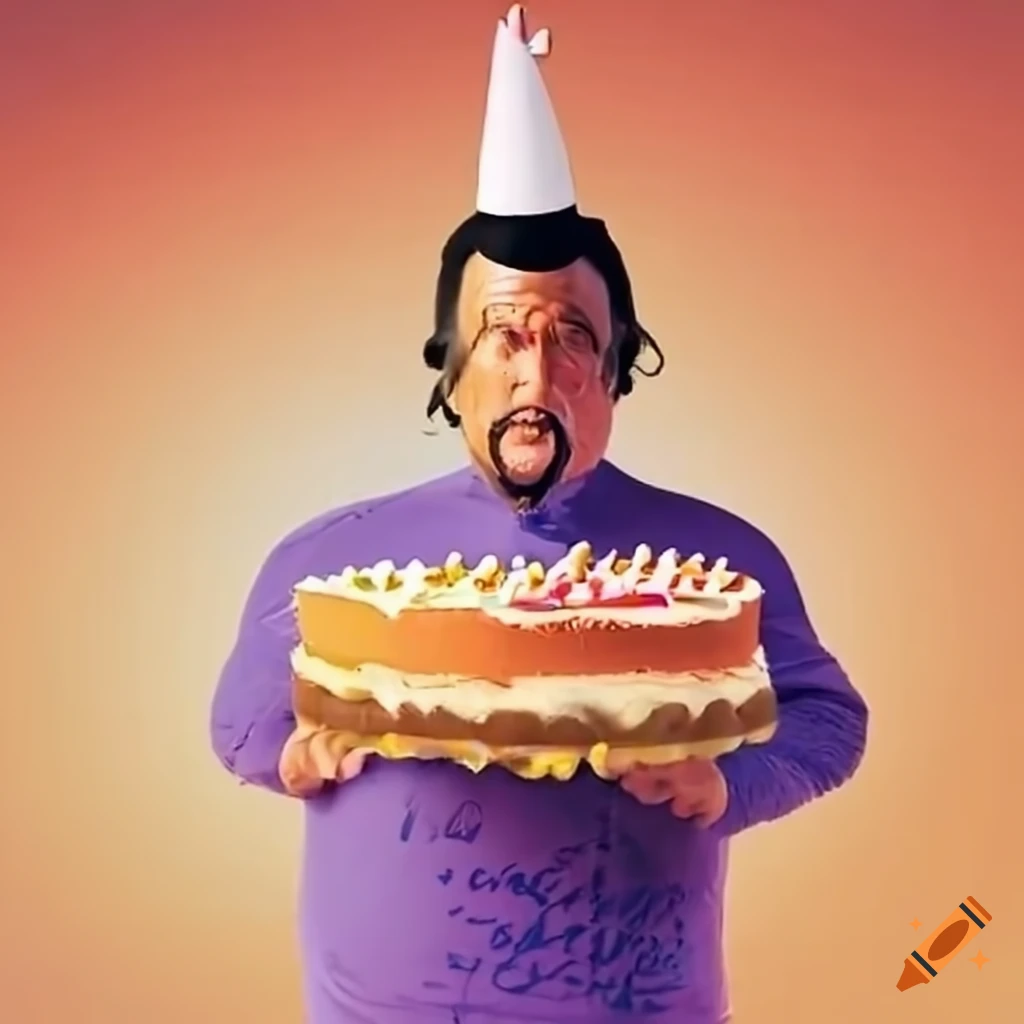 Actor with an inflatable tube man eating a birthday cake on Craiyon