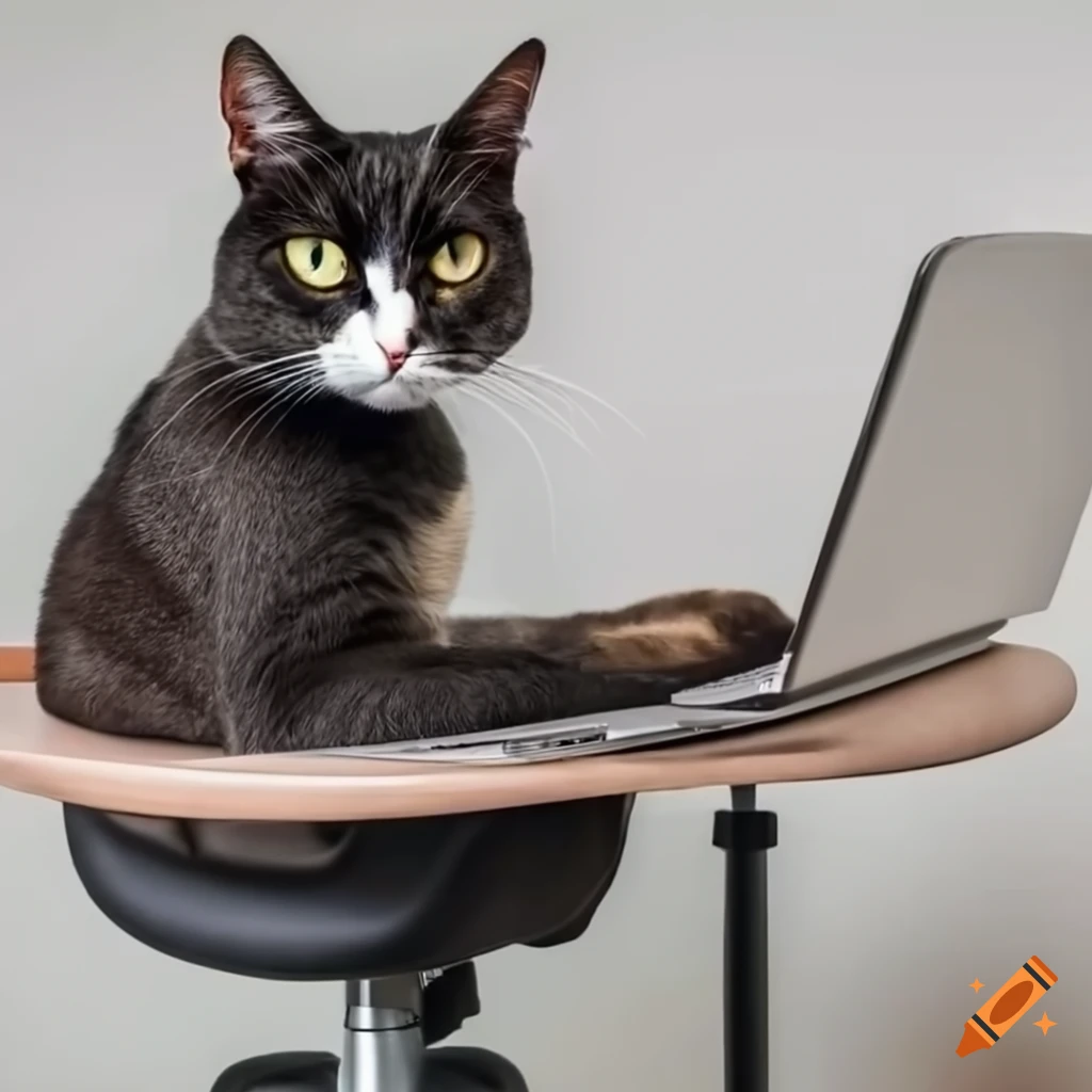 Sleek cat sitting on an office chair and typing on a laptop on Craiyon