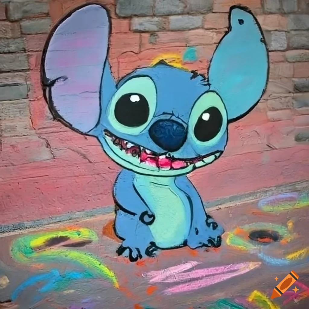 Sidewalk chalk painting of stich character on Craiyon