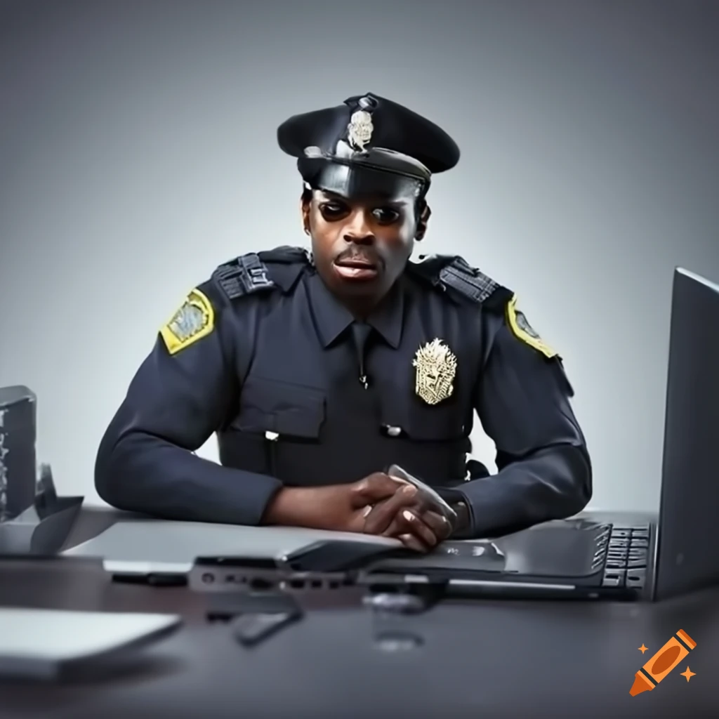 Black police officer sitting behind desktop computer on Craiyon