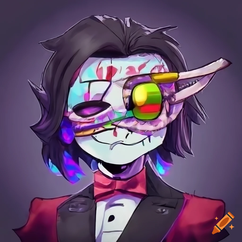 Chibi glitchy android butler character with pink rectangle mullet and ...