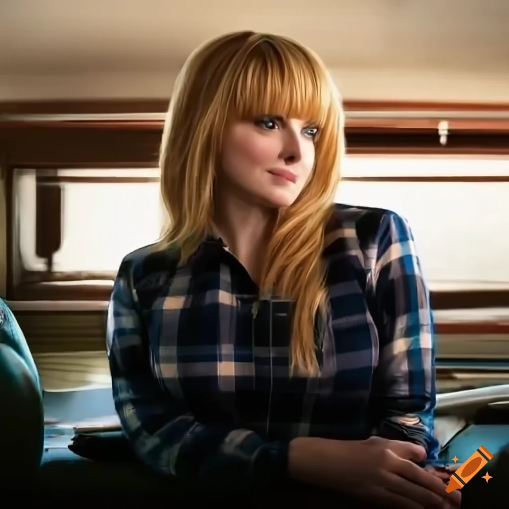 Actress Melissa Rauch lookalike in country plaid shirt and high-waist ...