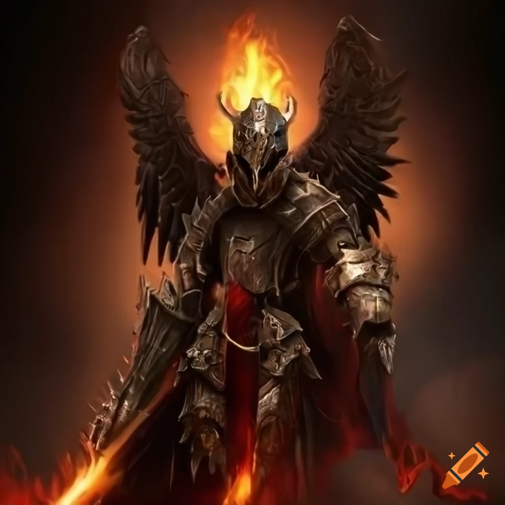 Undead knight in heavy armor with burning angel wings and flail on Craiyon