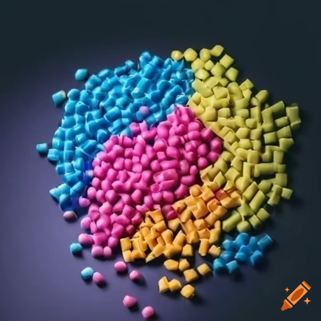 Colorful plastic pellets transforming into products on Craiyon