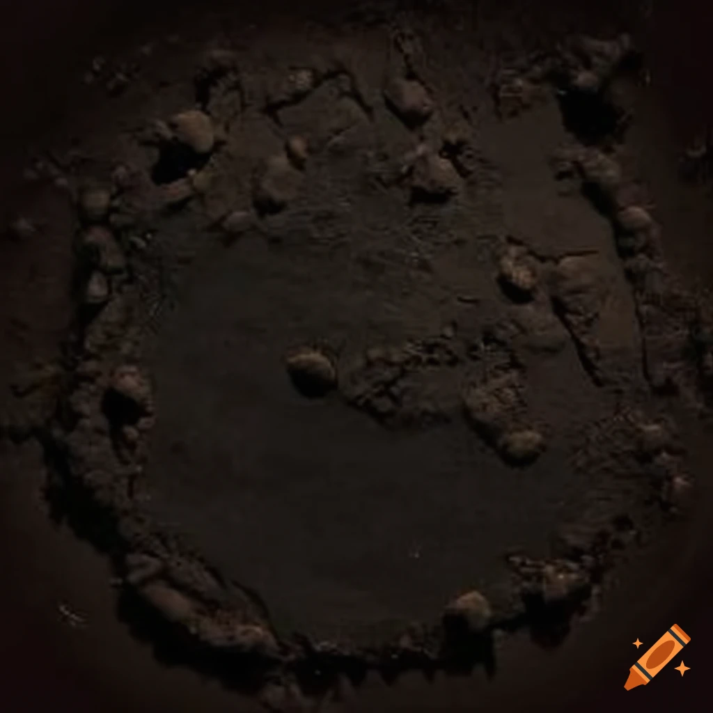 Aerial view of a large patch of dark dirt on Craiyon