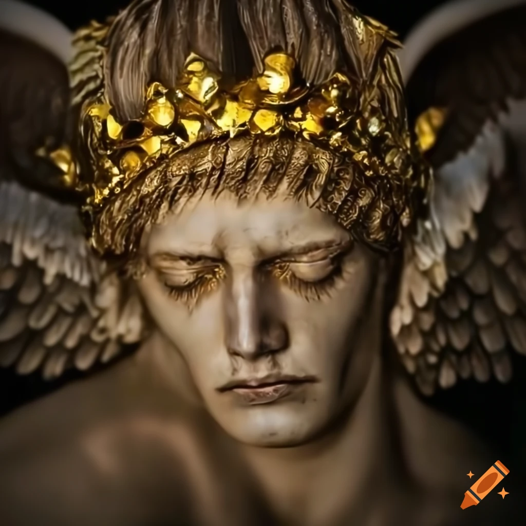 Male angel crying in a dark forest with lucifer gold crown on Craiyon