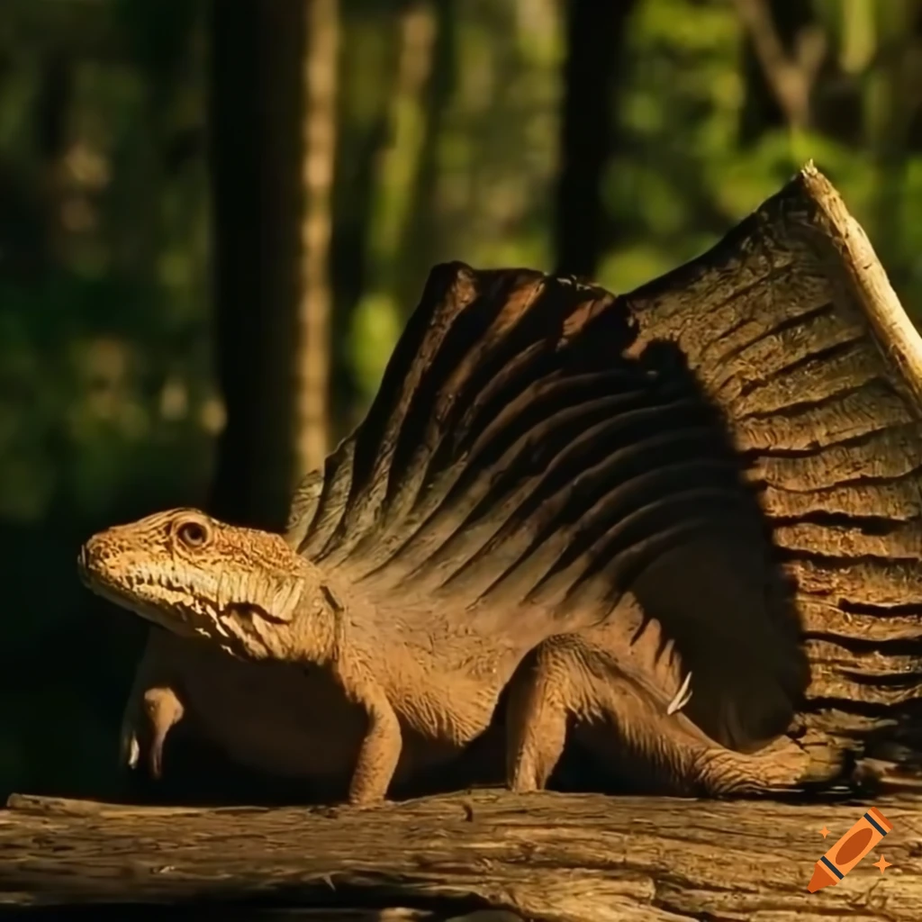 Couple of dimetrodon basking in a sunny forest clearing with fallen ...