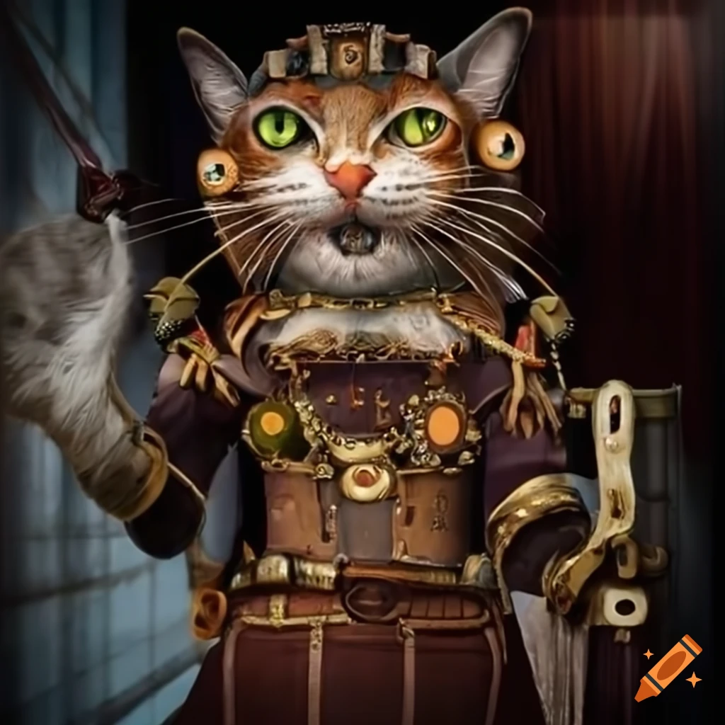 Steampunk cat with extreme detail and closeup view on Craiyon