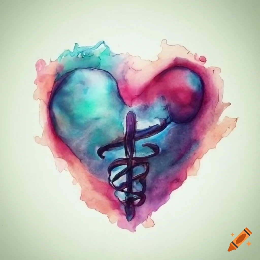 Sketched heart with a simplified caduceus and watercolor background on ...