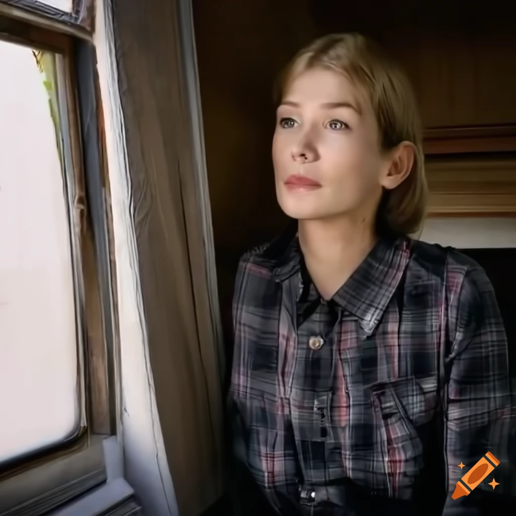 Actress resembling Rosamund Pike sitting in a caravan trailer and ...