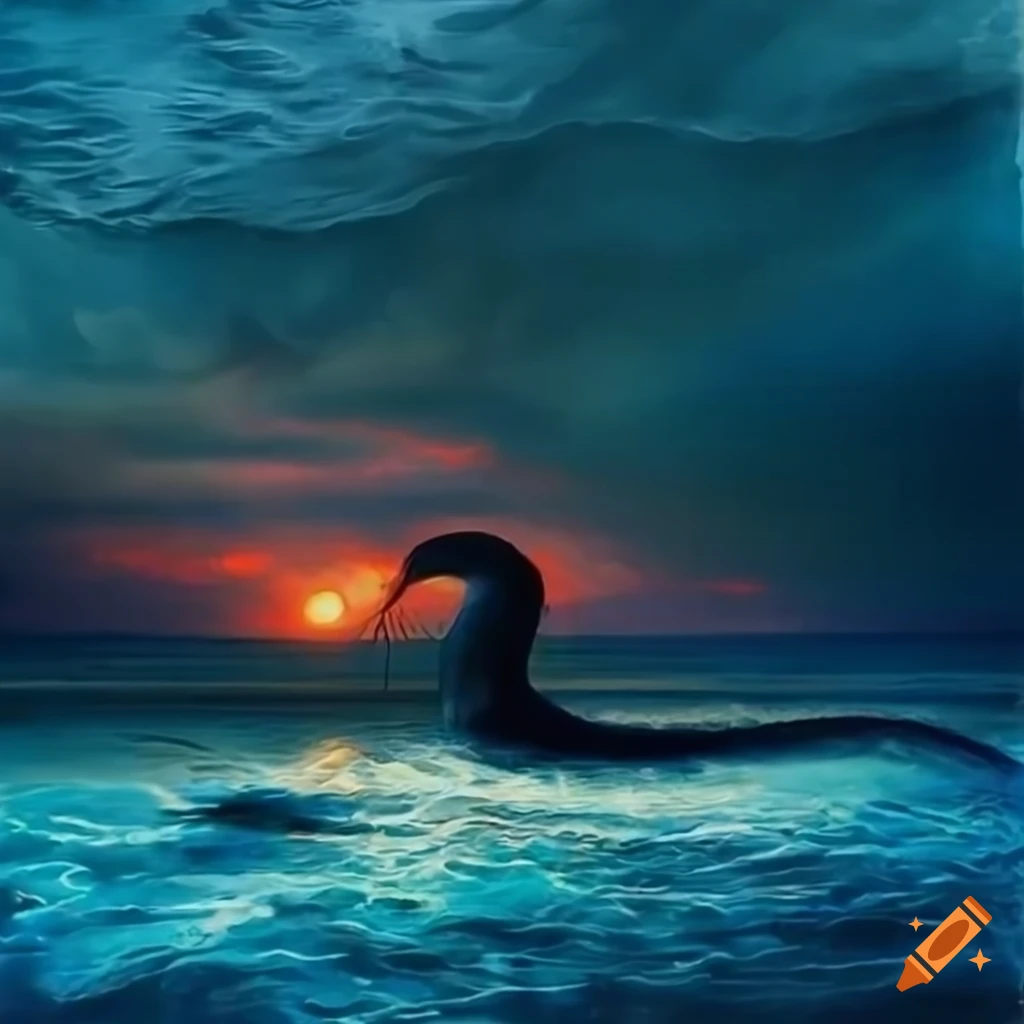 Gigantic sea monster in the sunset sea with vibrant blue and red colors ...