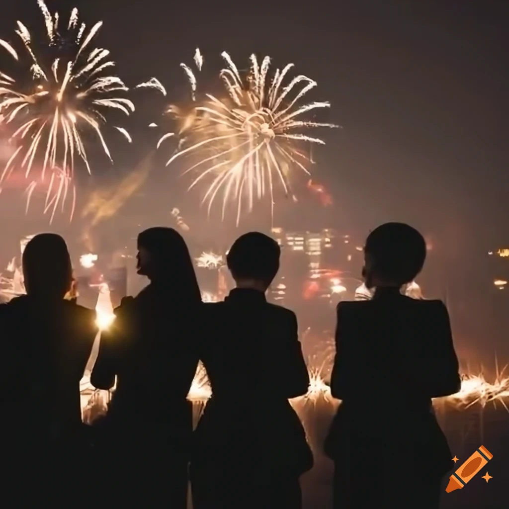 Business professionals enjoying New Year's Eve fireworks from high-rise ...