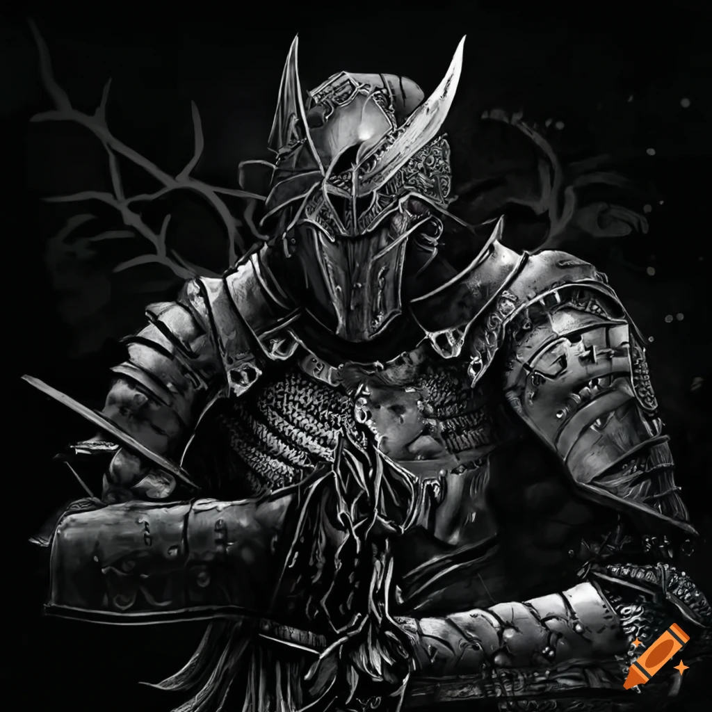 Gothic dark knight in silver berserker armor in snowy rose garden on ...