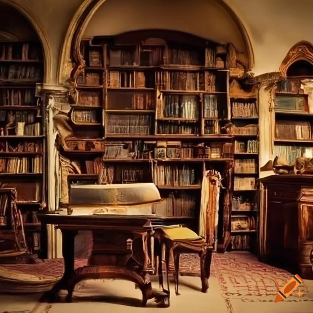 Imaginative ancient study room filled with books, scrolls, and ...
