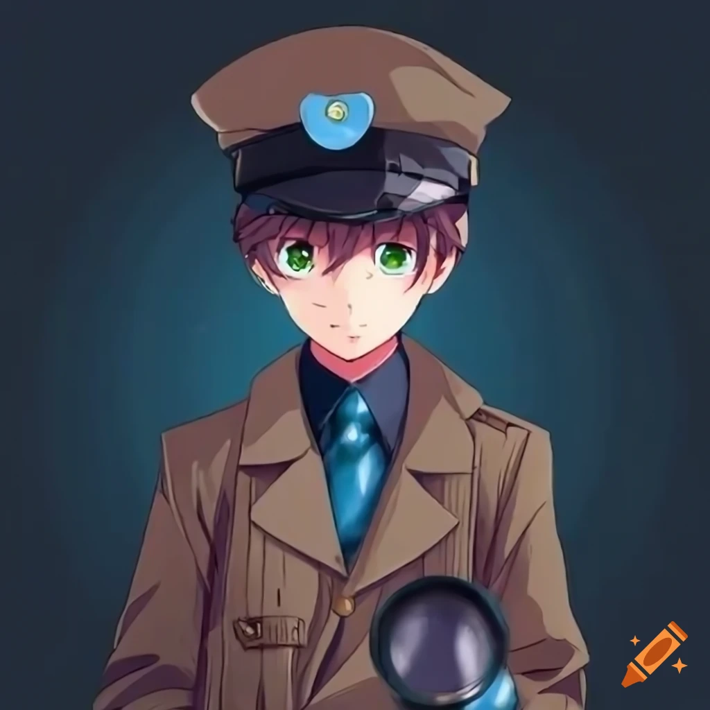 Anime detective boy with magnifying glass in a dark scene on Craiyon