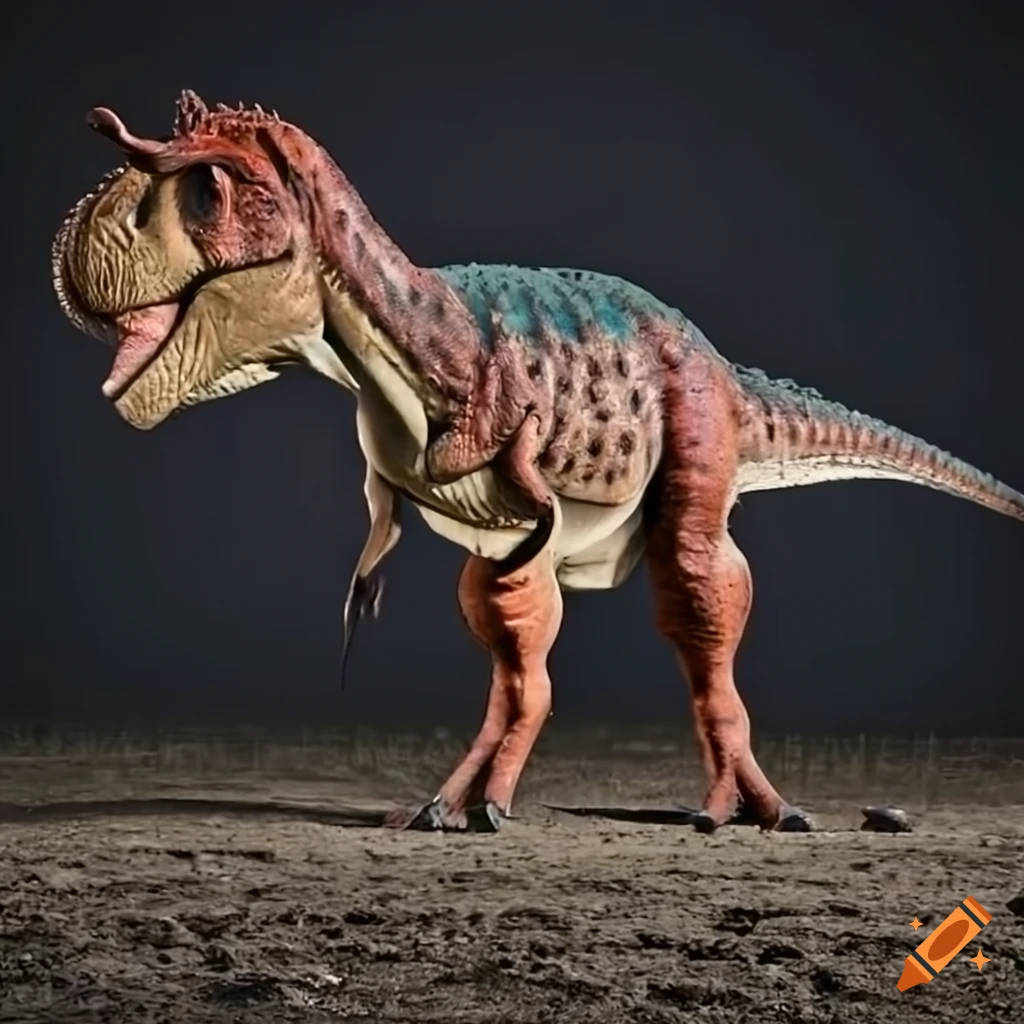 Carnotaurus with intricate color pattern roaming an extensive mudflat ...