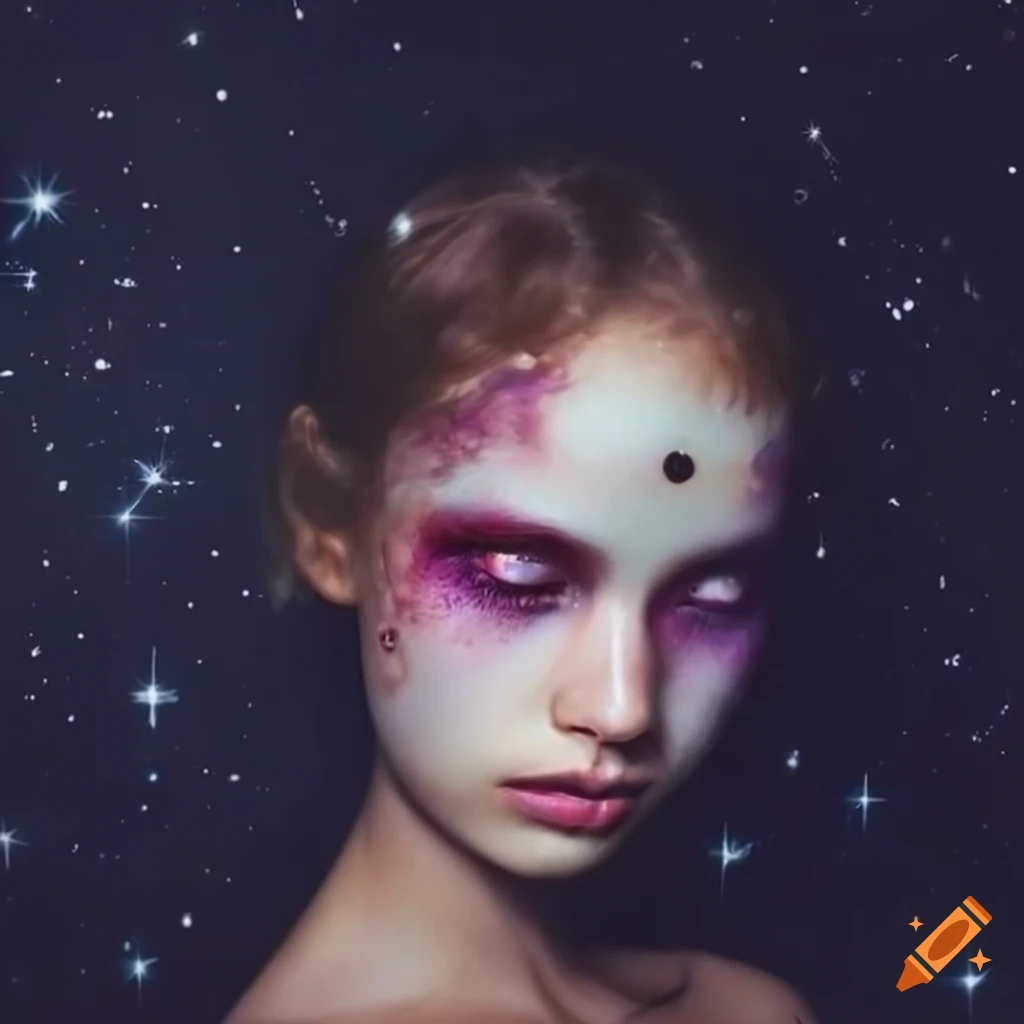 Cosmic young woman surrounded by stars and galaxies on Craiyon