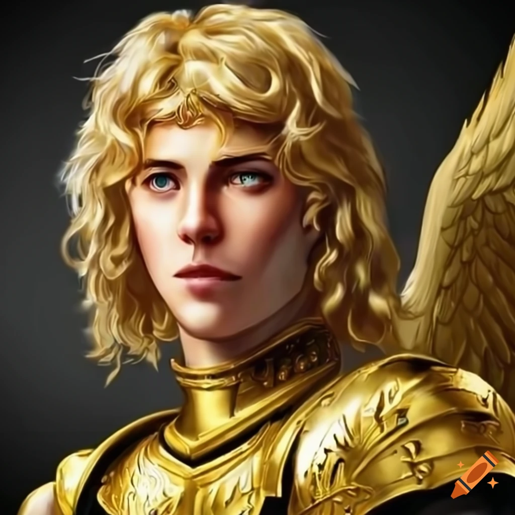 Blond hair prince angel in gold armor with powerful bible in realistic ...
