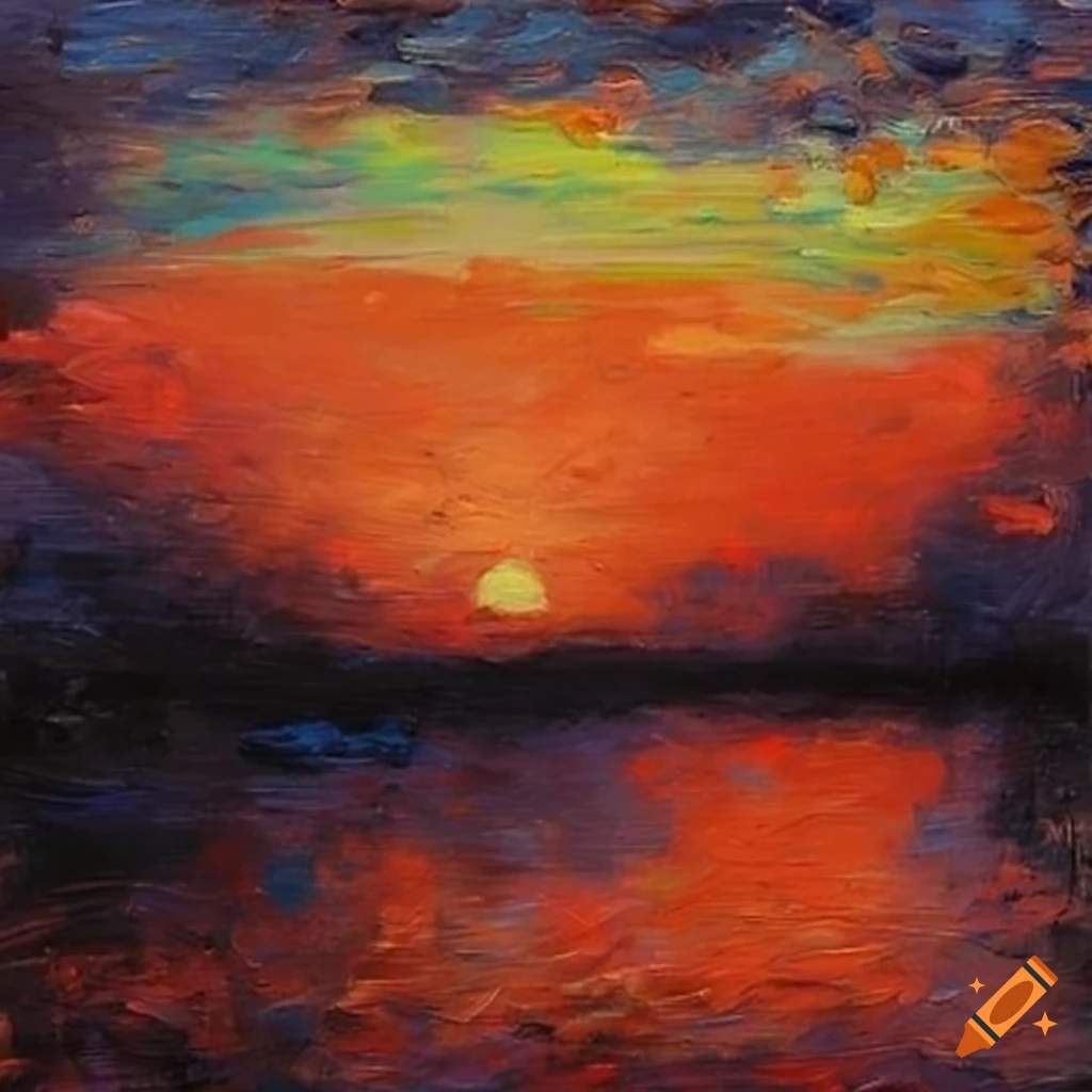Impressionist acrylic painting of a melancholic sunset over the horizon ...