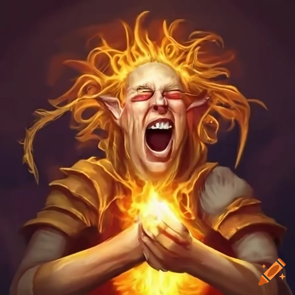 Sun elf wizard engulfed in flames shooting rays of flame from hands and ...