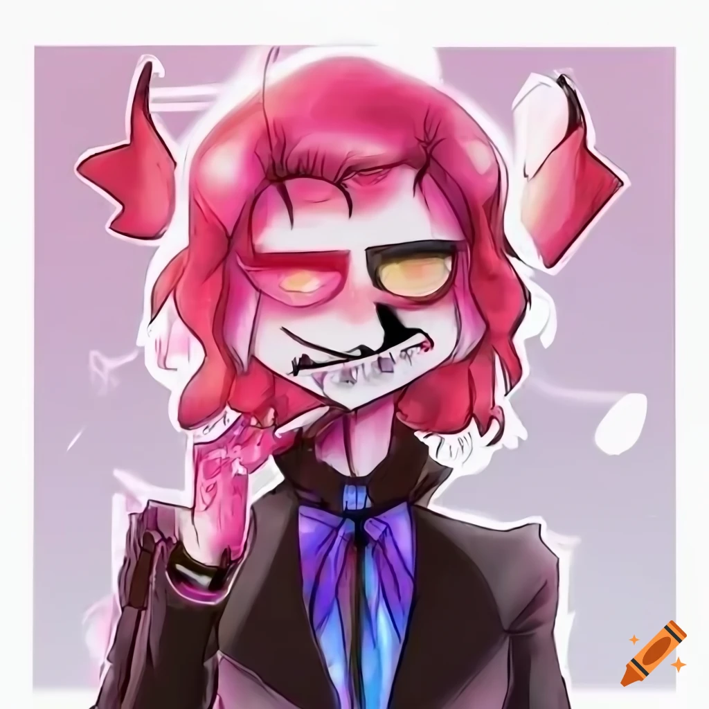 Chibi glitchy android butler character with pink mullet and makeup on ...