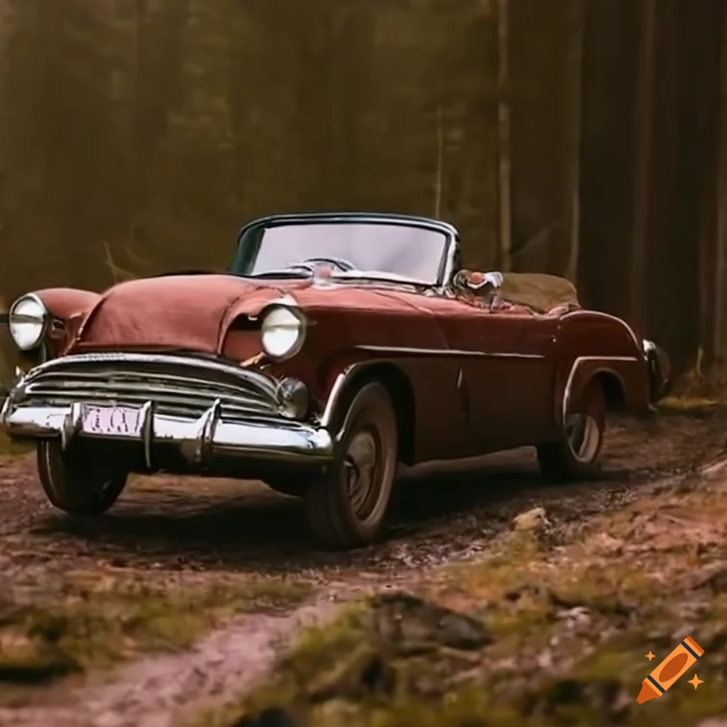 Fearless adventurer in a vintage convertible car on a backcountry ...