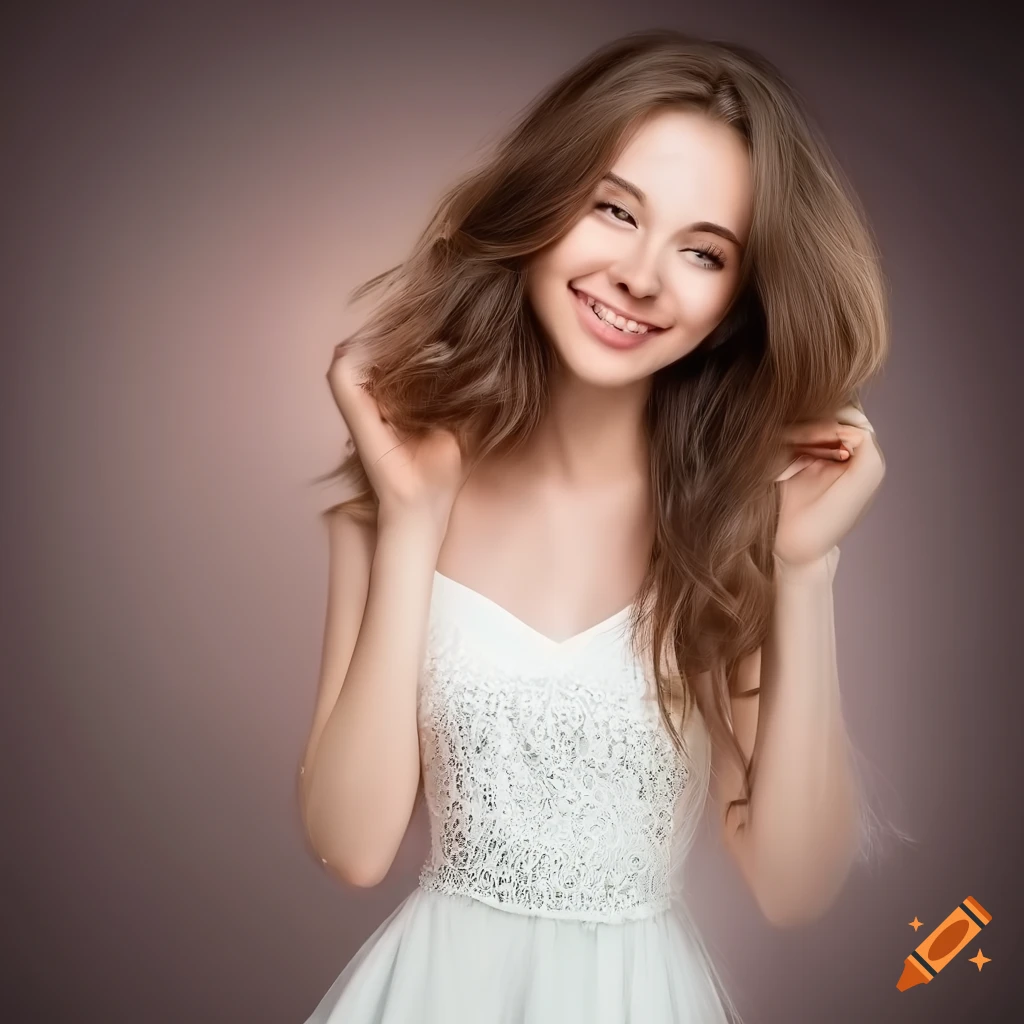 Portrait of a delightful youthful woman with a gentle smile and nice ...