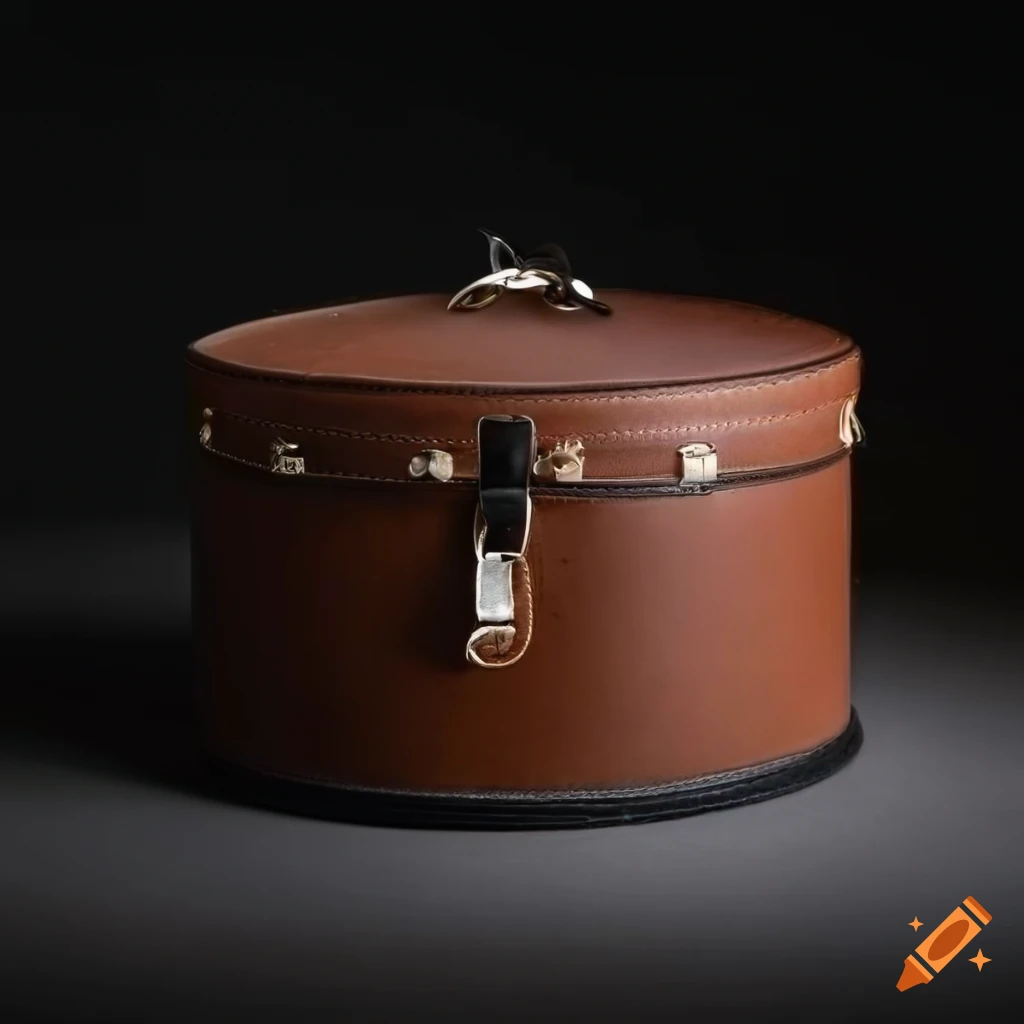 Round brown leather-type hat box with zip fastener and ring at the top ...