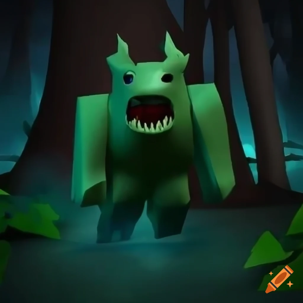 Roblox game thumbnail creature jumping out of a dark forest on Craiyon