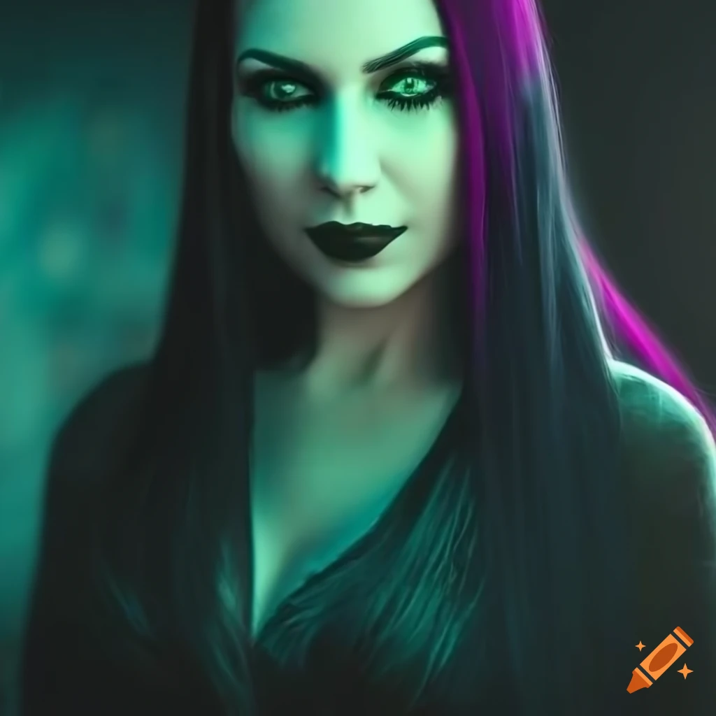 Middle-aged Caucasian vampire woman with long dark pink hair and ...