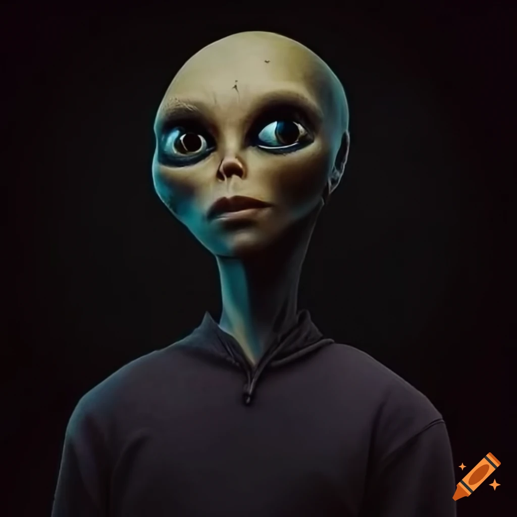 Smiling alien with big eyes and fin, wearing a black hoodie on Craiyon