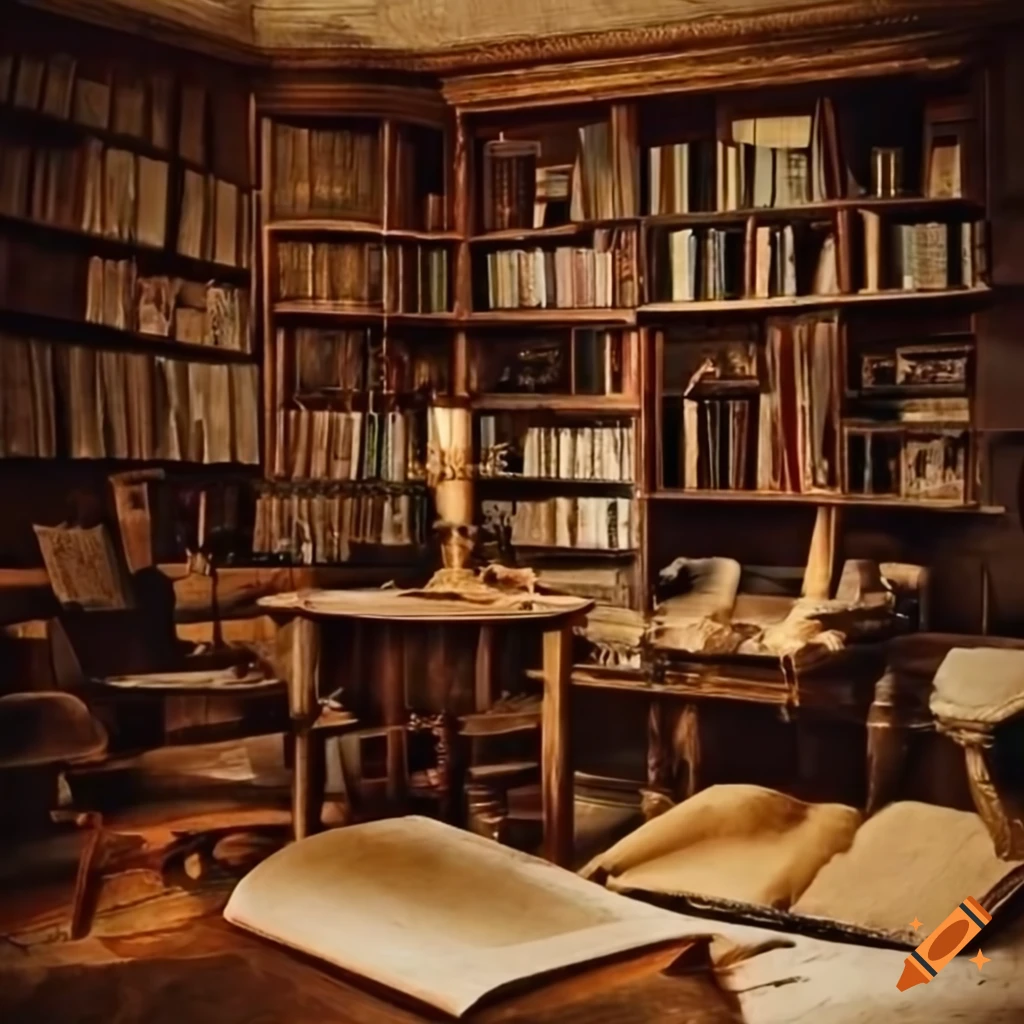 Imaginative ancient study room filled with books, scrolls, and ...